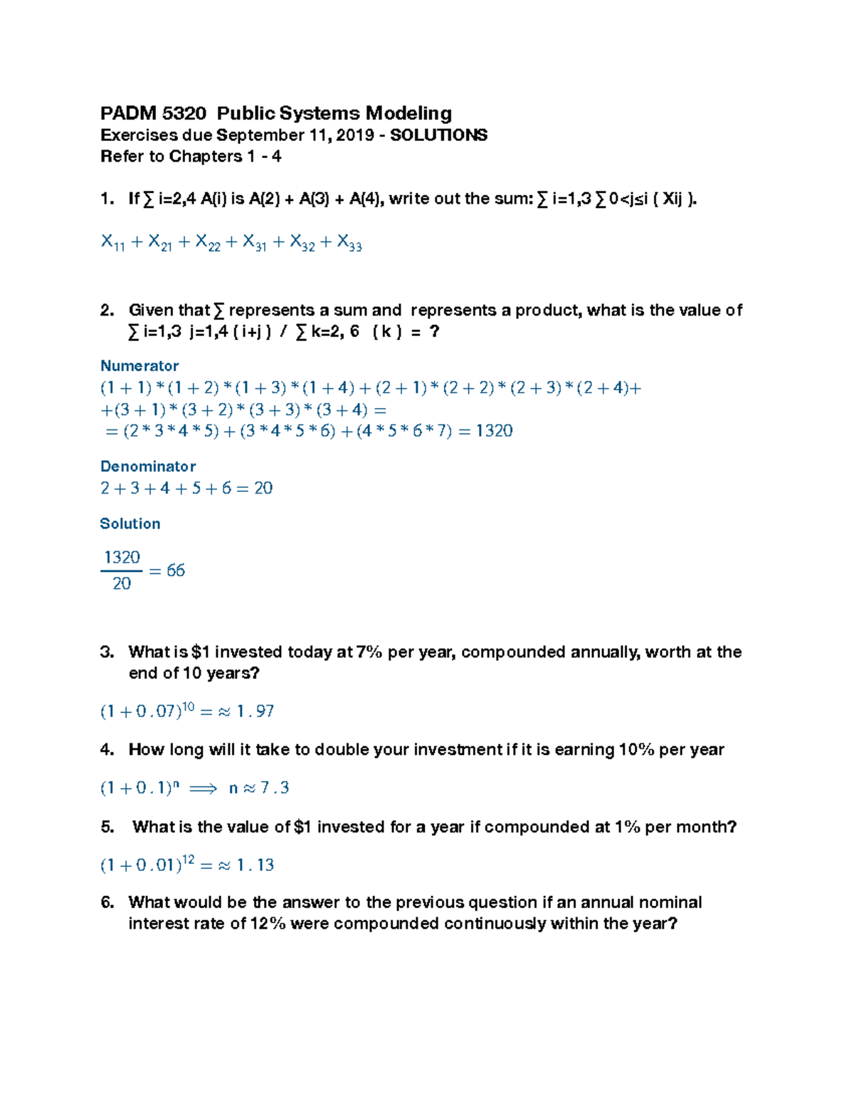 PADM 5320 Exercise 1 - Solutions - PADM 5320 Public Systems Modeling Exercises due September 11 ...