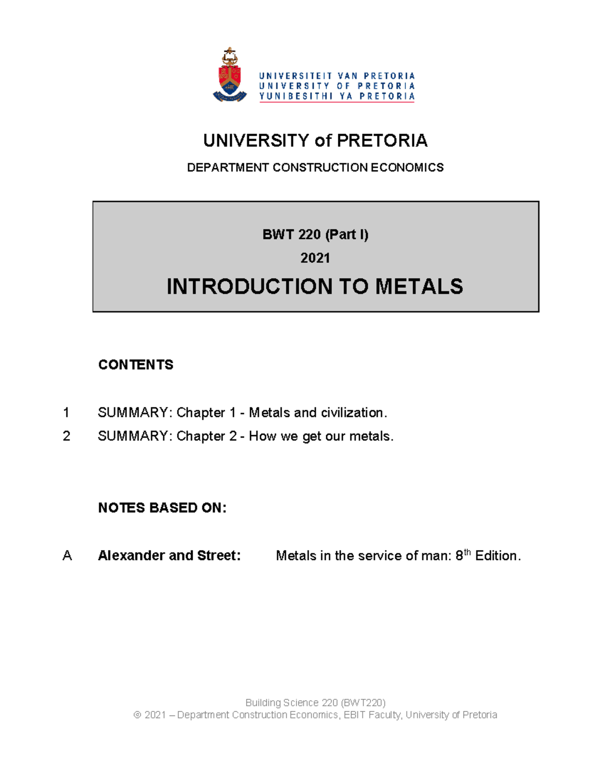(1)2021 Introduction To Metals Notes - Building Science 220 (BWT220 ...