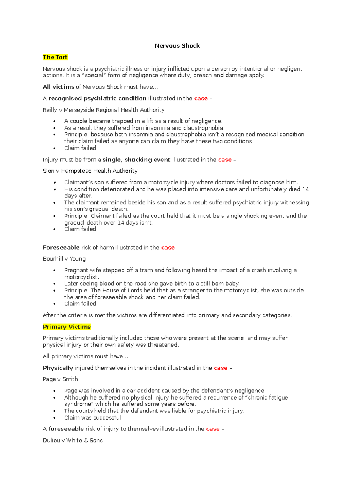 Nervous Shock - Summary Law - Nervous Shock The Tort Nervous shock is a ...