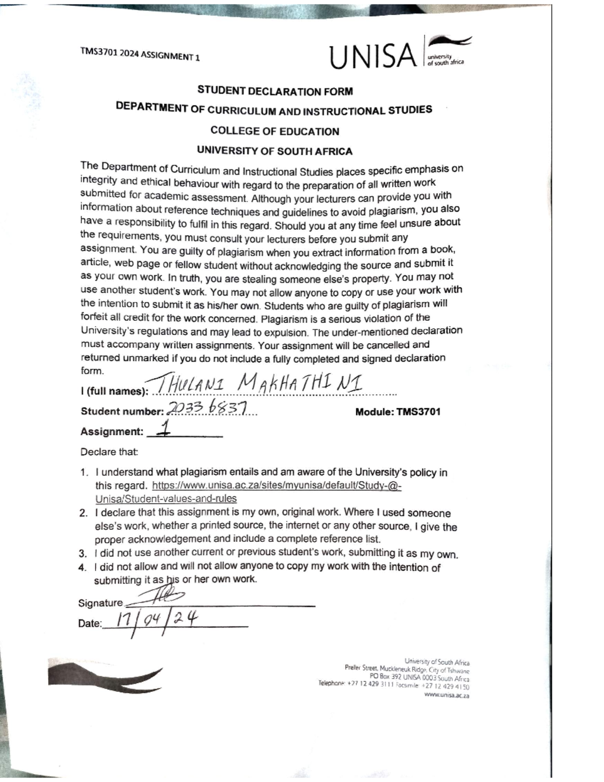 Assignment one TMS3701 - Student No: 20336837 TMS3701 T Makhathini ...