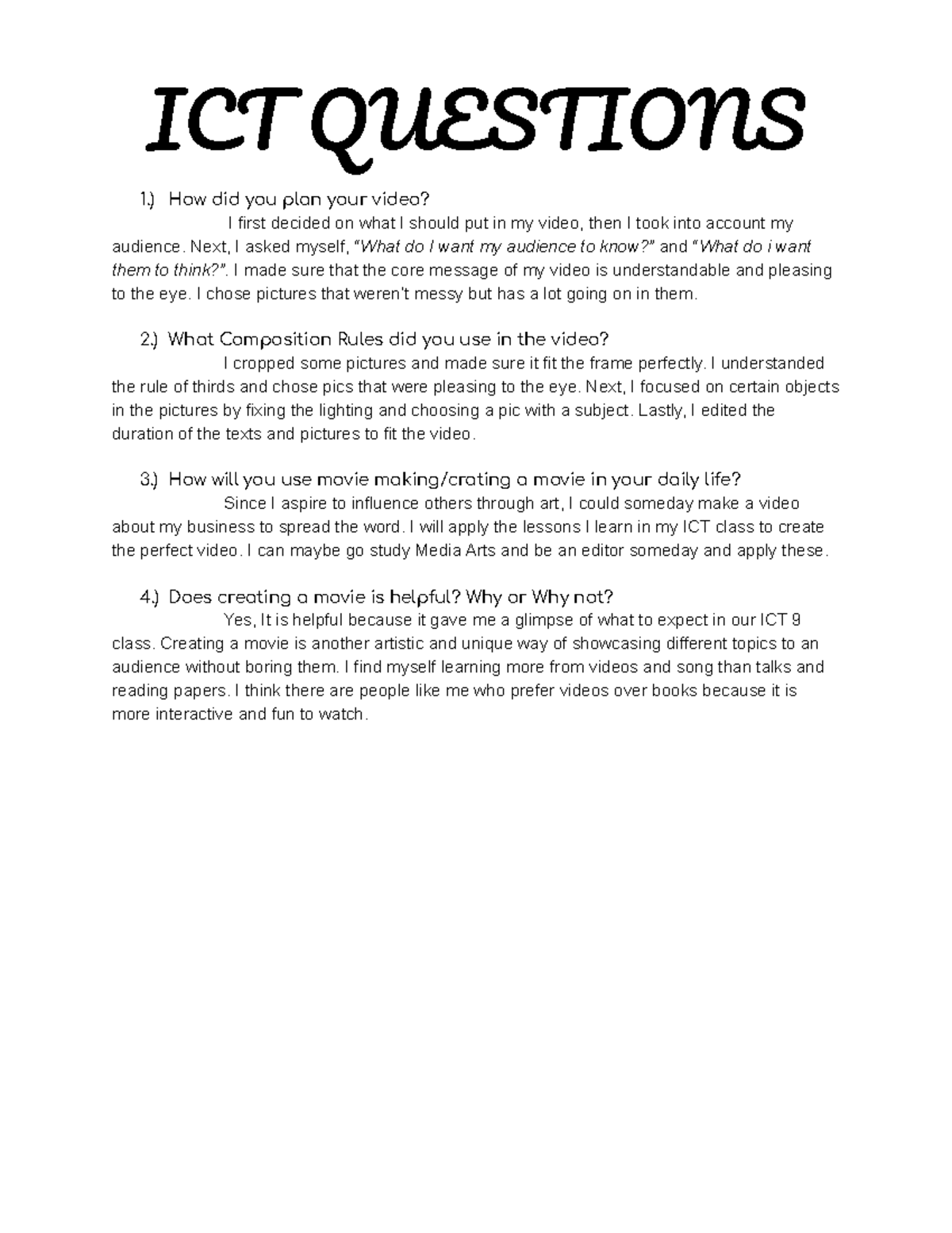 REF1 - ICT 9 Reflection Paper - ICT QUESTIONS 1.) How did you plan your ...