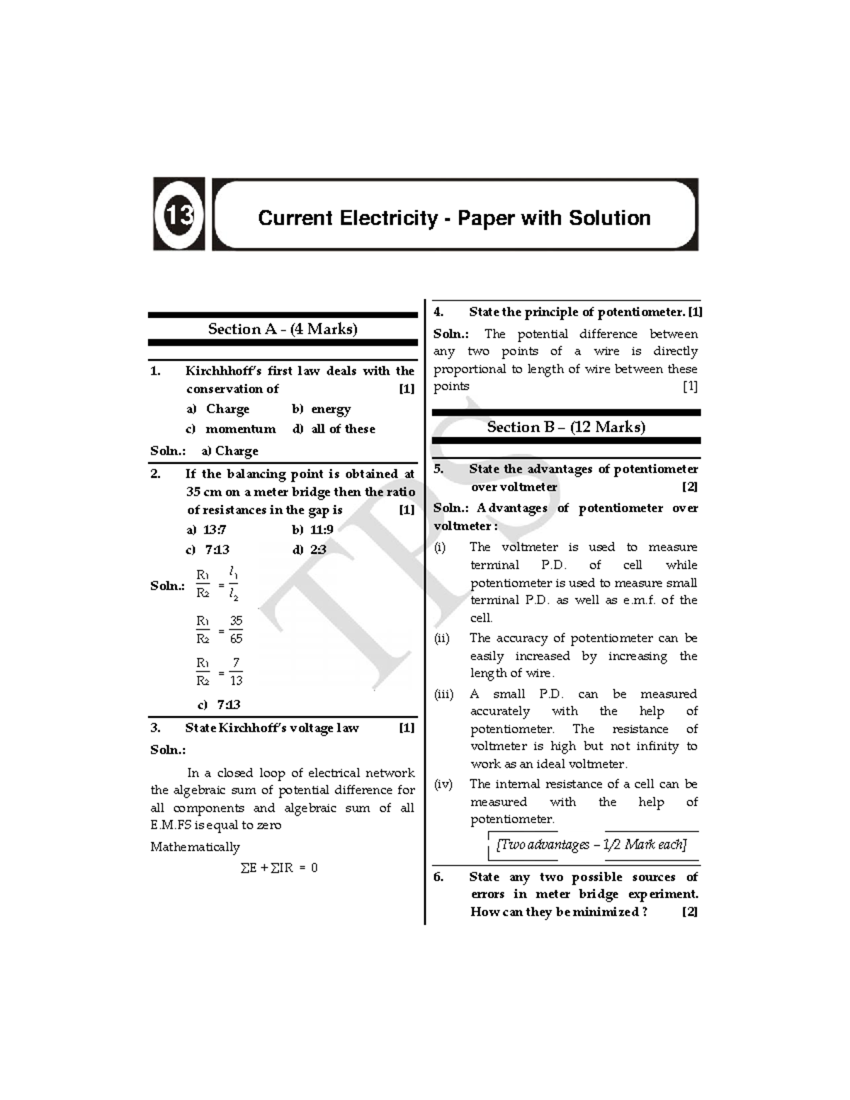 13-Current Electricity - TPS Physics Papers with Solution 210 Current ...