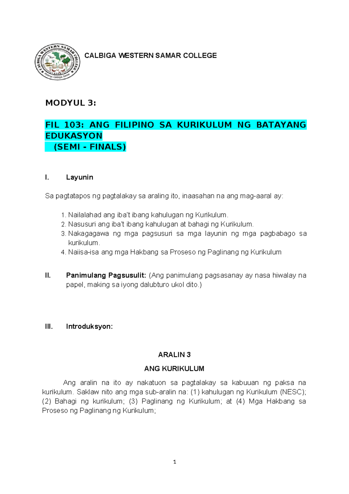 FIL-103-3 - CALBIGA WESTERN SAMAR COLLEGE MODYUL 3: FIL 103: ANG ...
