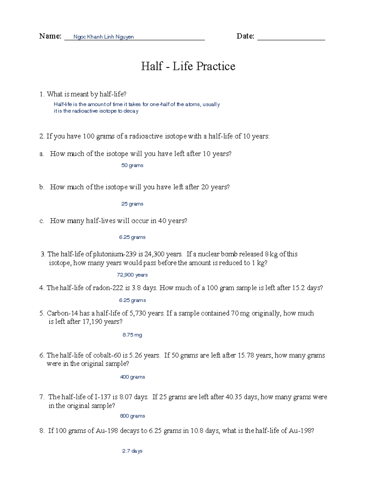 Half life Worksheet problems and graphing - Name ...