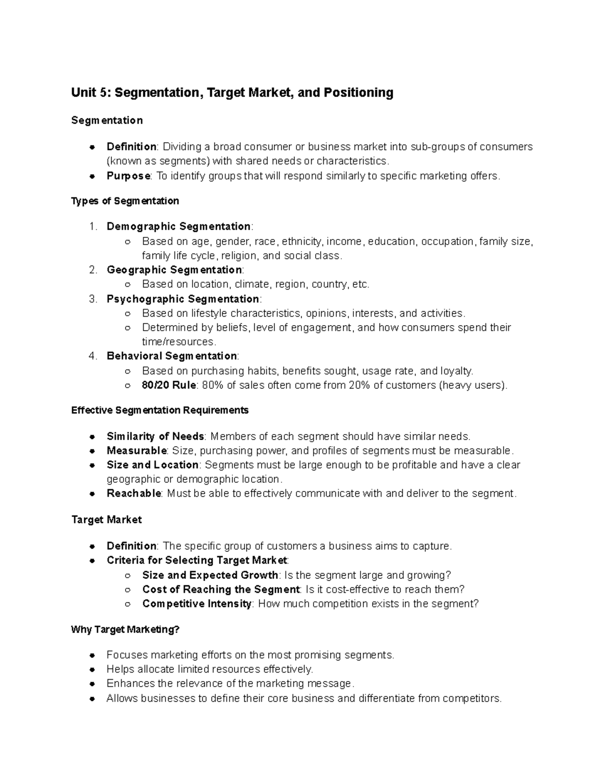Unit 5 marketing - Unit 5: Segmentation, Target Market, and Positioning ...