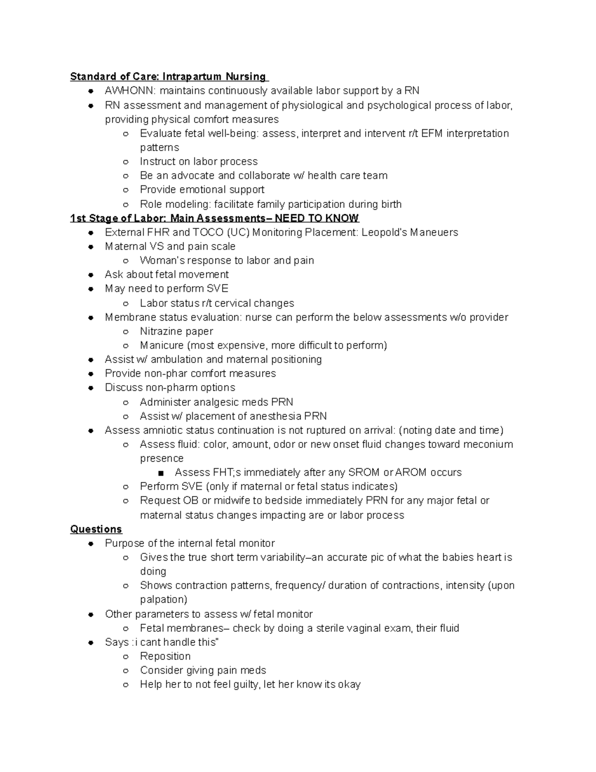 OB intrapartum Nursing Care - Standard of Care: Intrapartum Nursing ...