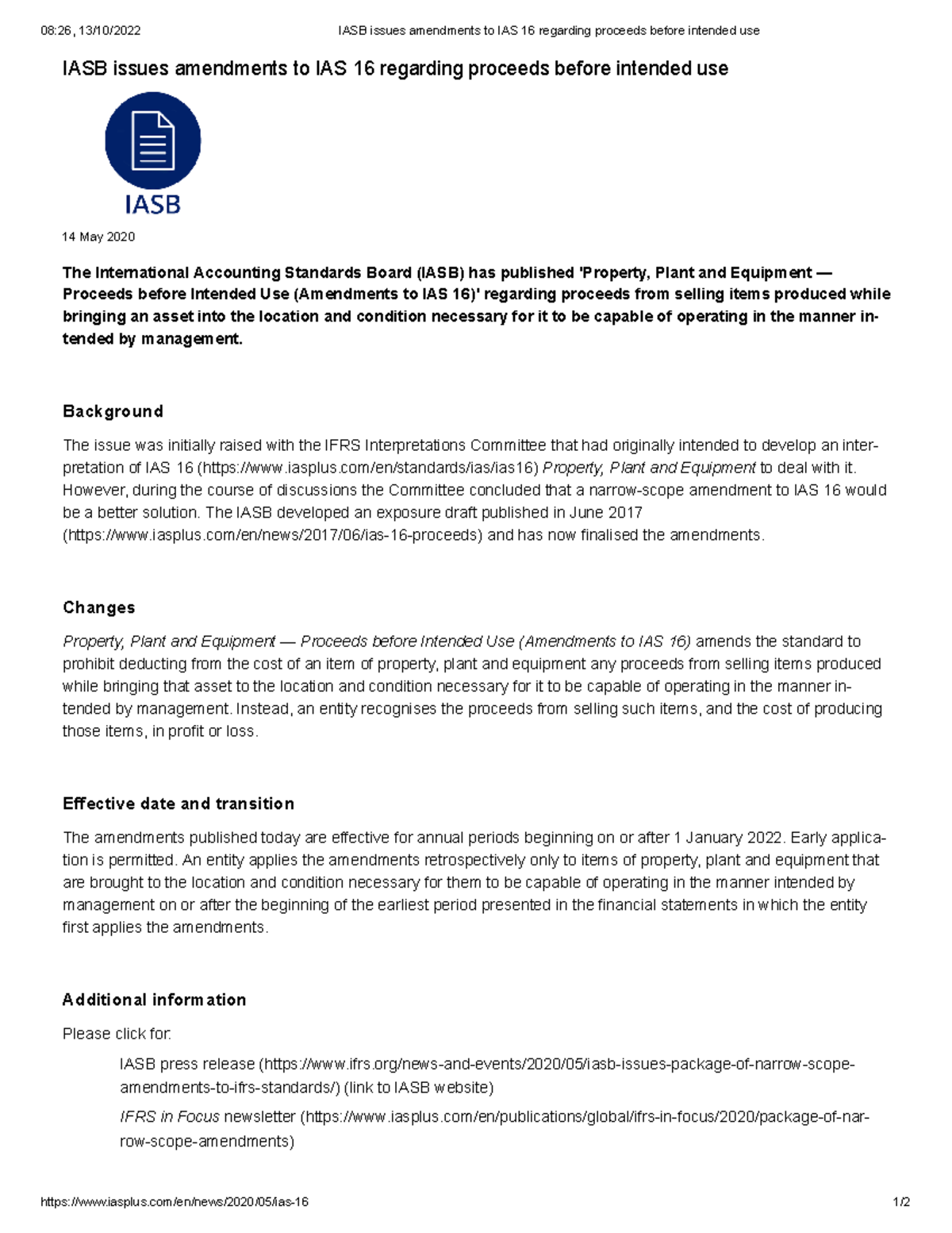 Điều chỉnh IAS 16 mới nhất (en) - 08:26, 13/10/2022 IASB issues ...