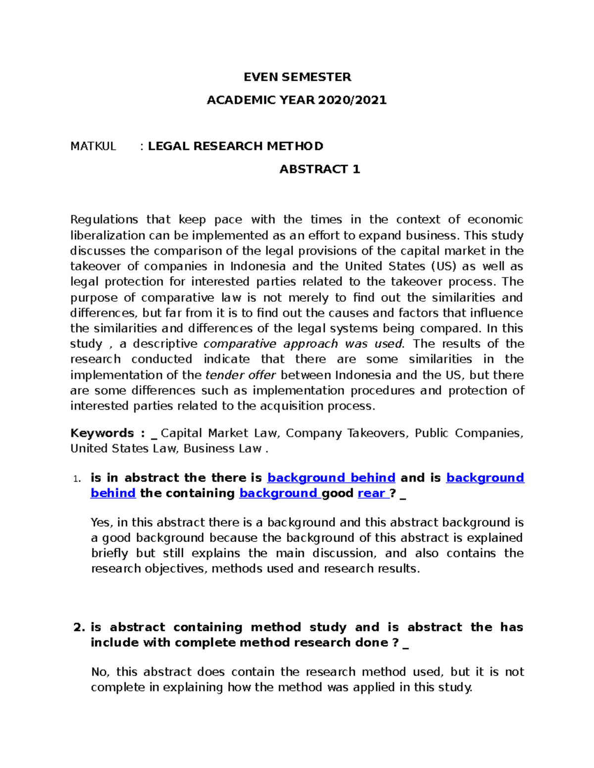 Legal Research Methods - Class A - Analysis on Abstract - EVEN SEMESTER ...