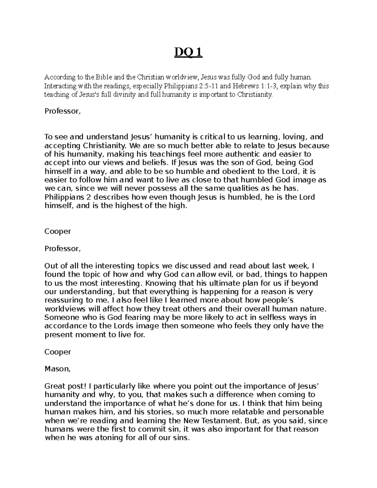 Dq4 Discussion Questions Week 4 Dq 1 According To The Bible And The Christian Worldview