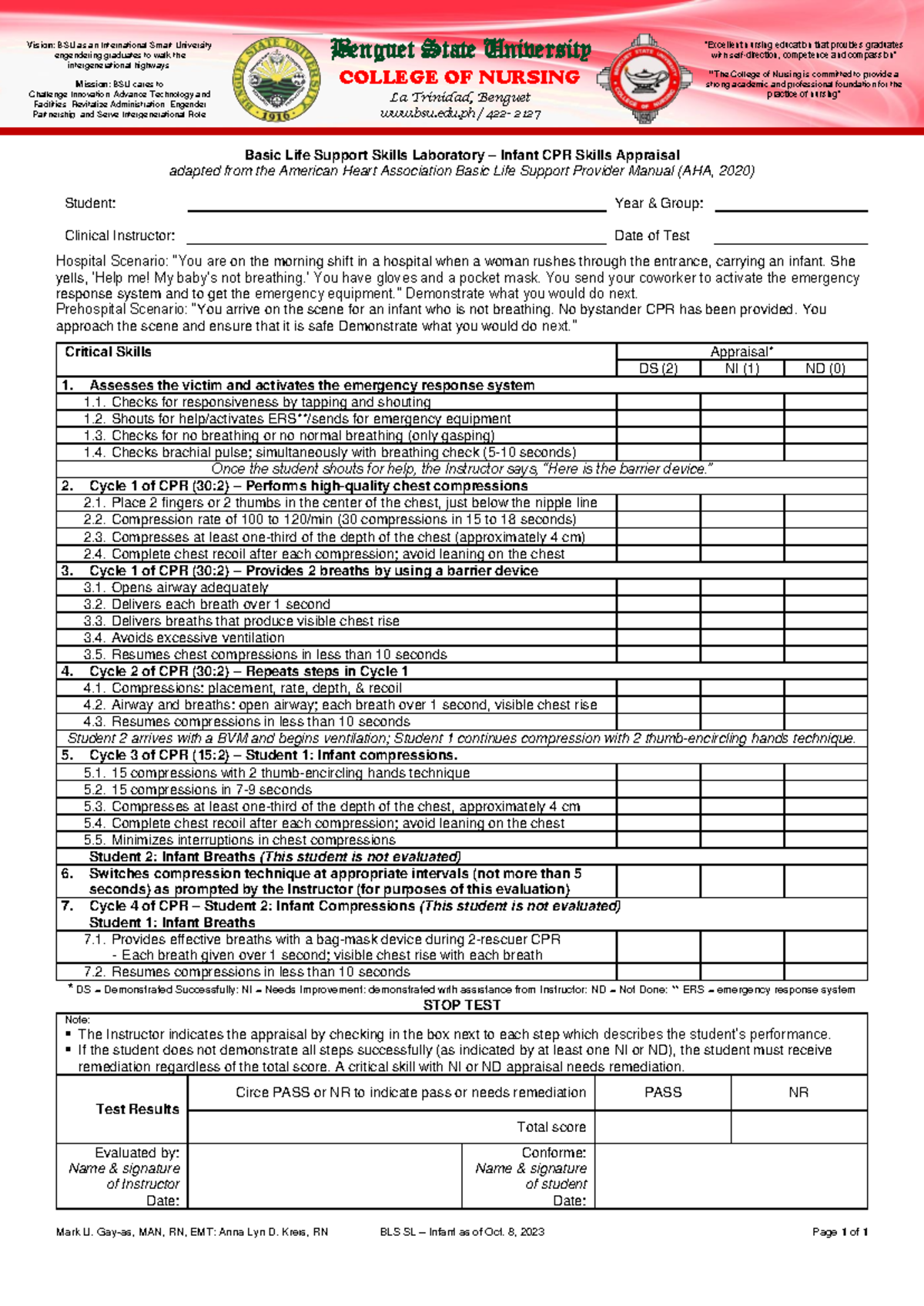 BLS SL Infant Skills Checklist - Vision: BSU as an International Smart ...