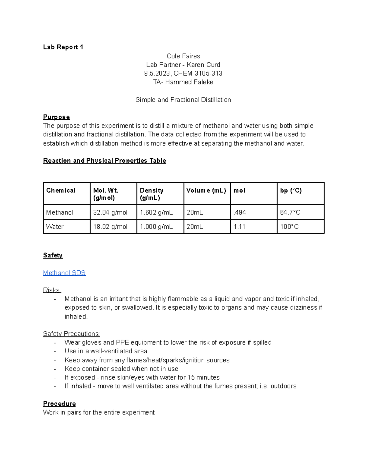 CHEM 3105 Lab Report 1 - Lab Report 1 Cole Faires Lab Partner - Karen Curd 9.5, CHEM 3105- TA ...