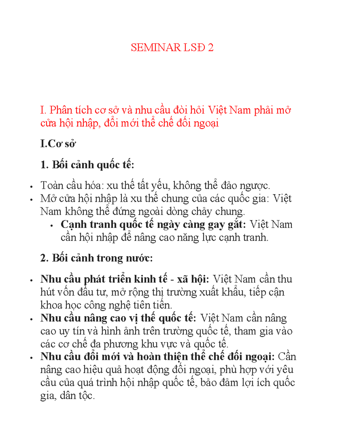 Seminar lsd 2 - lsd - SEMINAR LSĐ 2 I. Phân tích cơ sở và nhu cầu đòi hỏi Việt Nam phải mở cửa ...