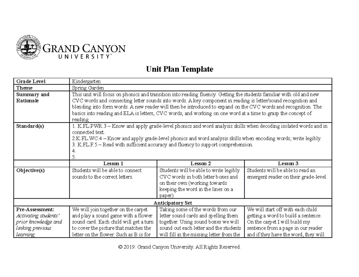 ECE-450-T3-Unit Plan - Unit Plan Template Grade Level Kindergarten ...