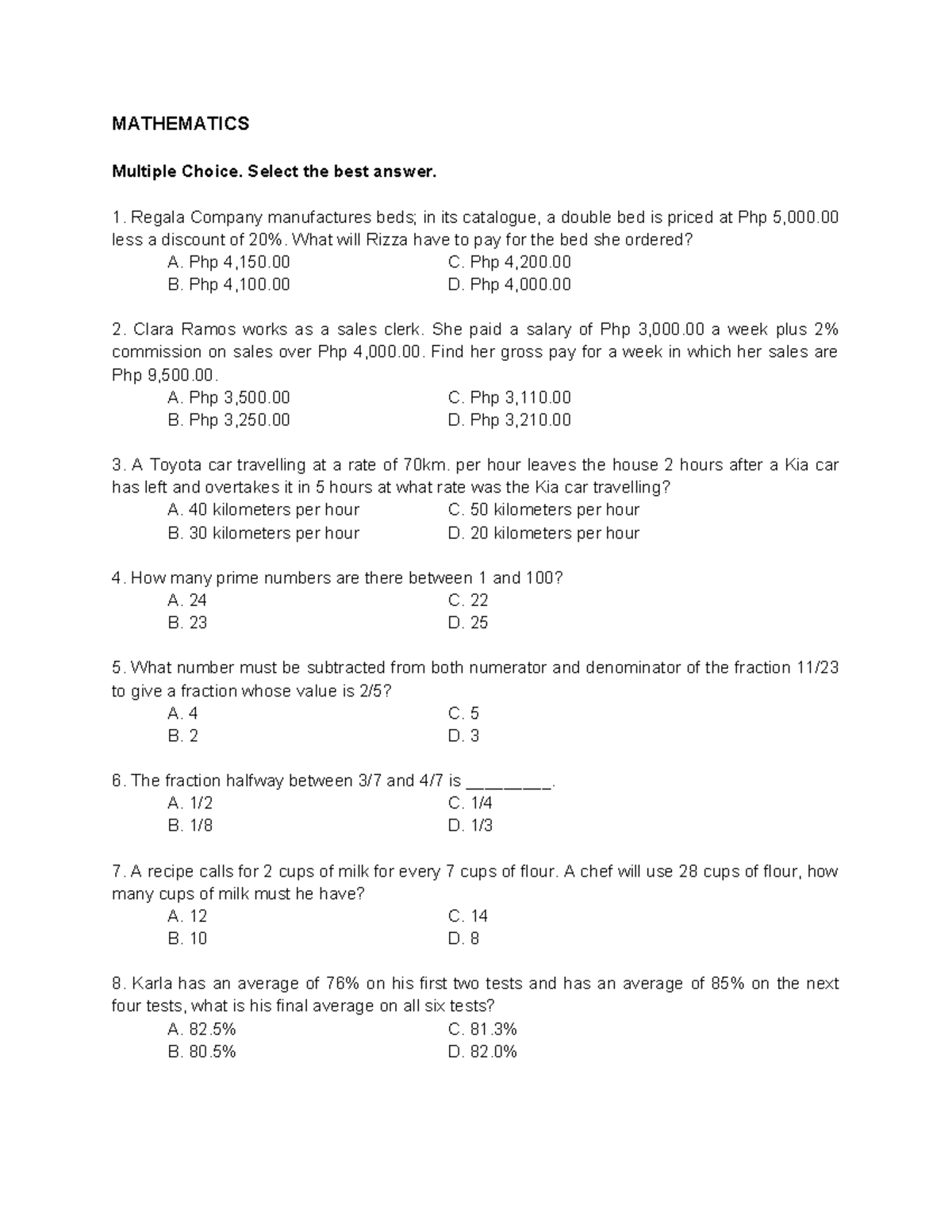 GEN ED Mathematics 2023 - MATHEMATICS Multiple Choice. Select the best ...