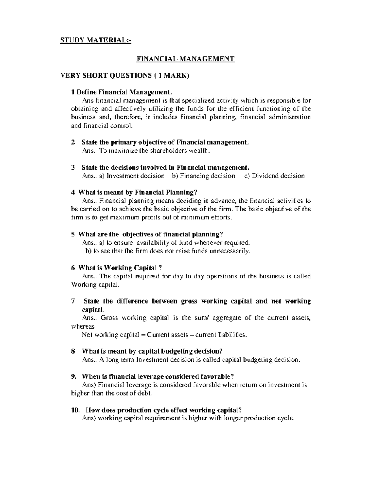 Financial Management Questions Solutions STUDY MATERIAL FINANCIAL