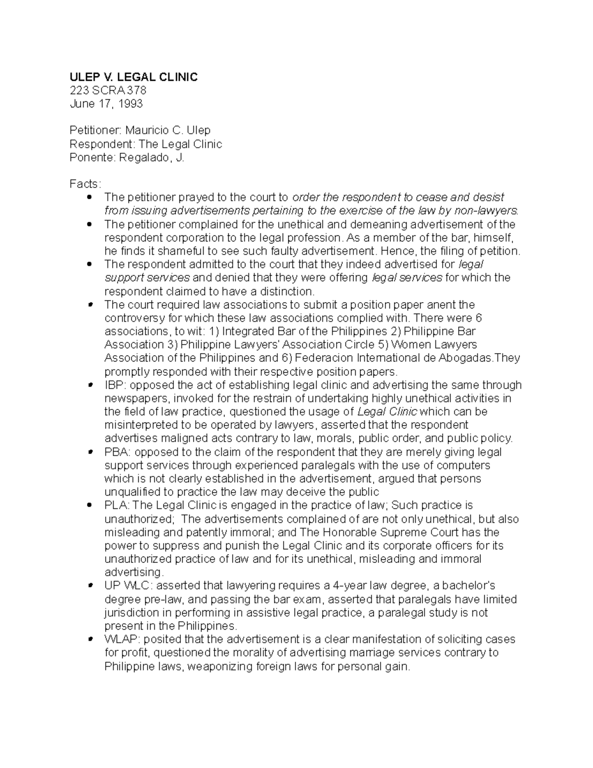 Notes on Basic Legal and Judicial Ethics - ULEP V. LEGAL CLINIC 223 ...