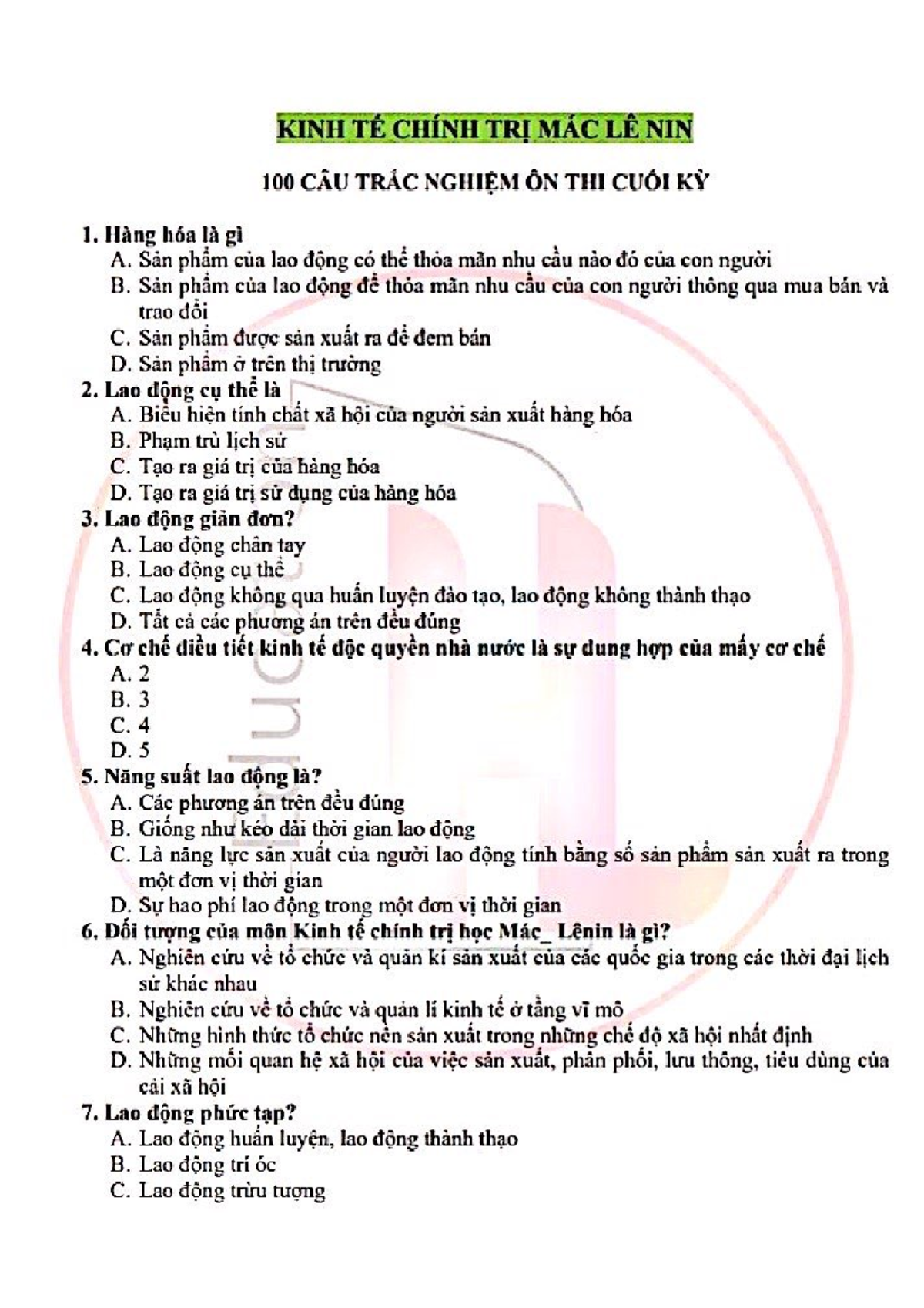 Trac nghiem ktct - trắc nghiệm ktct - Kinh tế Chính trị Mác-Lê Nin - NEU - Studocu