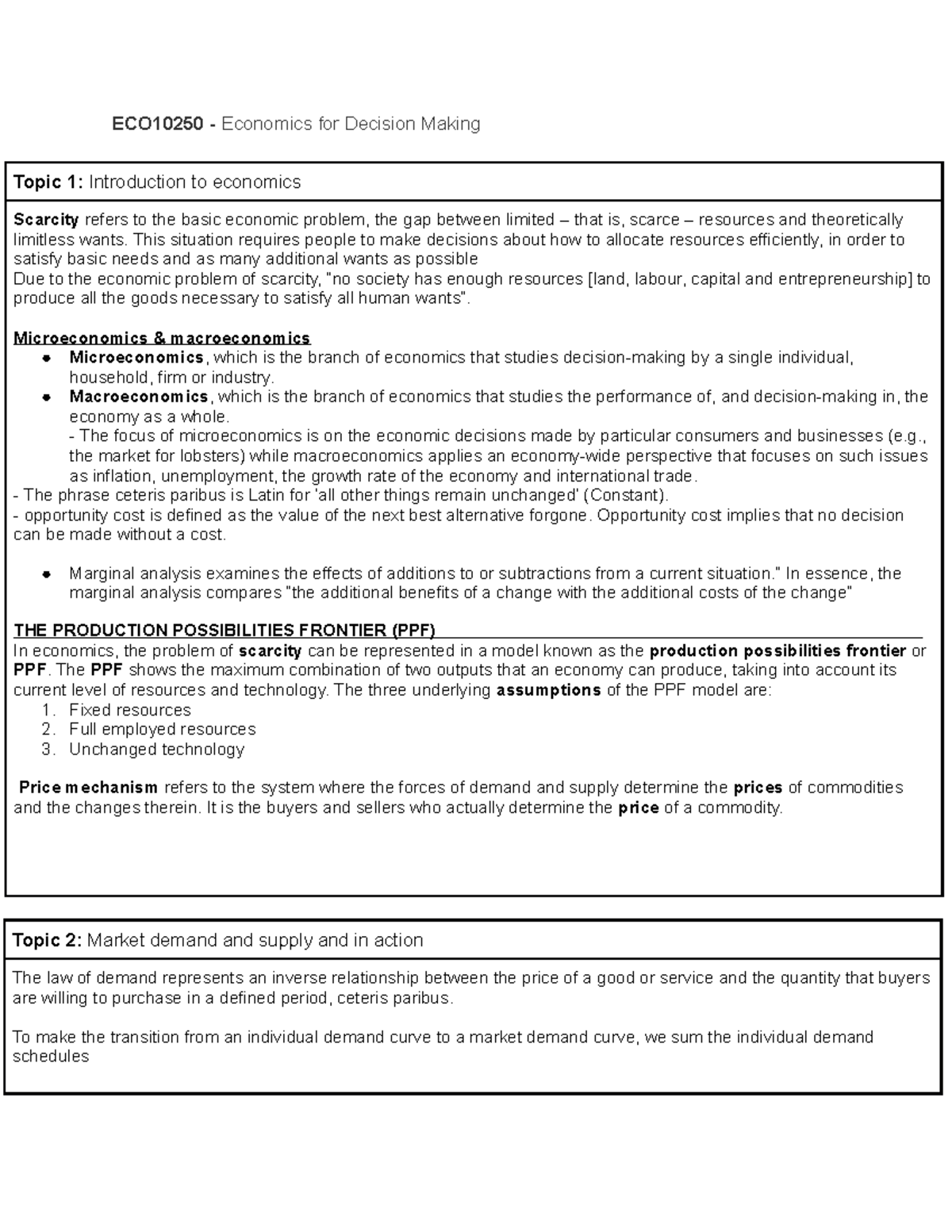 Unit Notes - ECO10250 - ECO10250 - Economics for Decision Making Topic ...