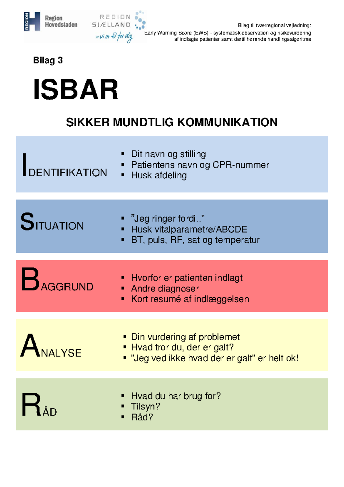 Bilag 3 Isbar - Bilag til tværregional vejledning: Early Warning Score ...