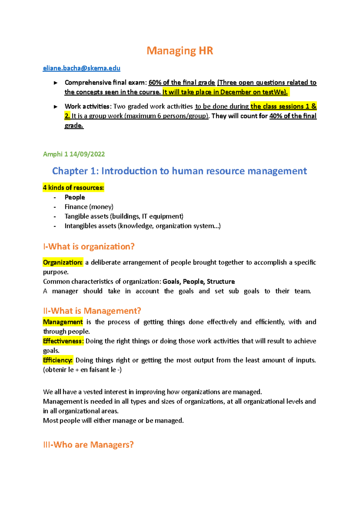 Amphi 1 - Cours - Managing HR Comprehensive final exam: of the final ...