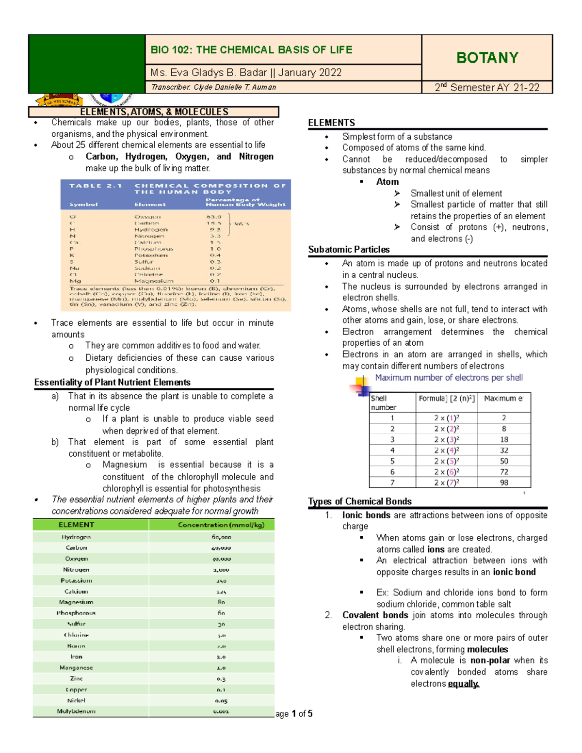 03 - Lecture notes 1 - BIO 102: THE CHEMICAL BASIS OF LIFE BOTANY Ms ...