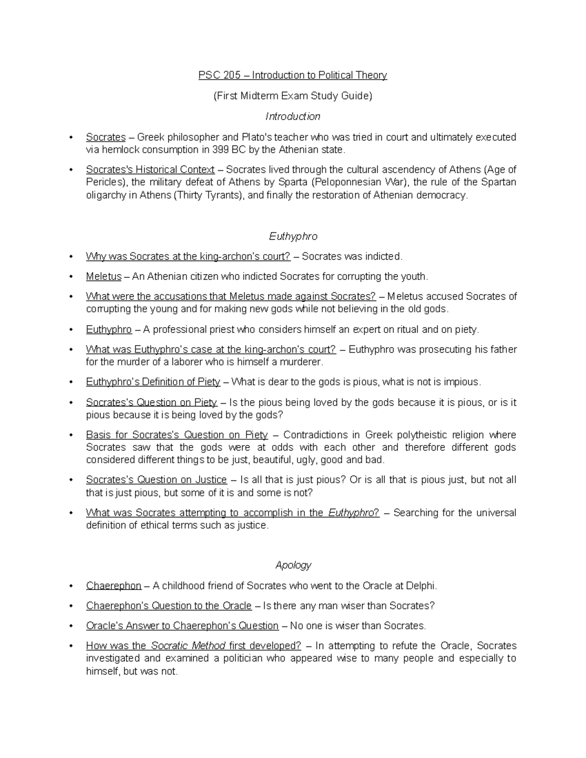 First Midterm Exam (Study Guide) - PSC 205 – Introduction to Political Theory (First Midterm ...