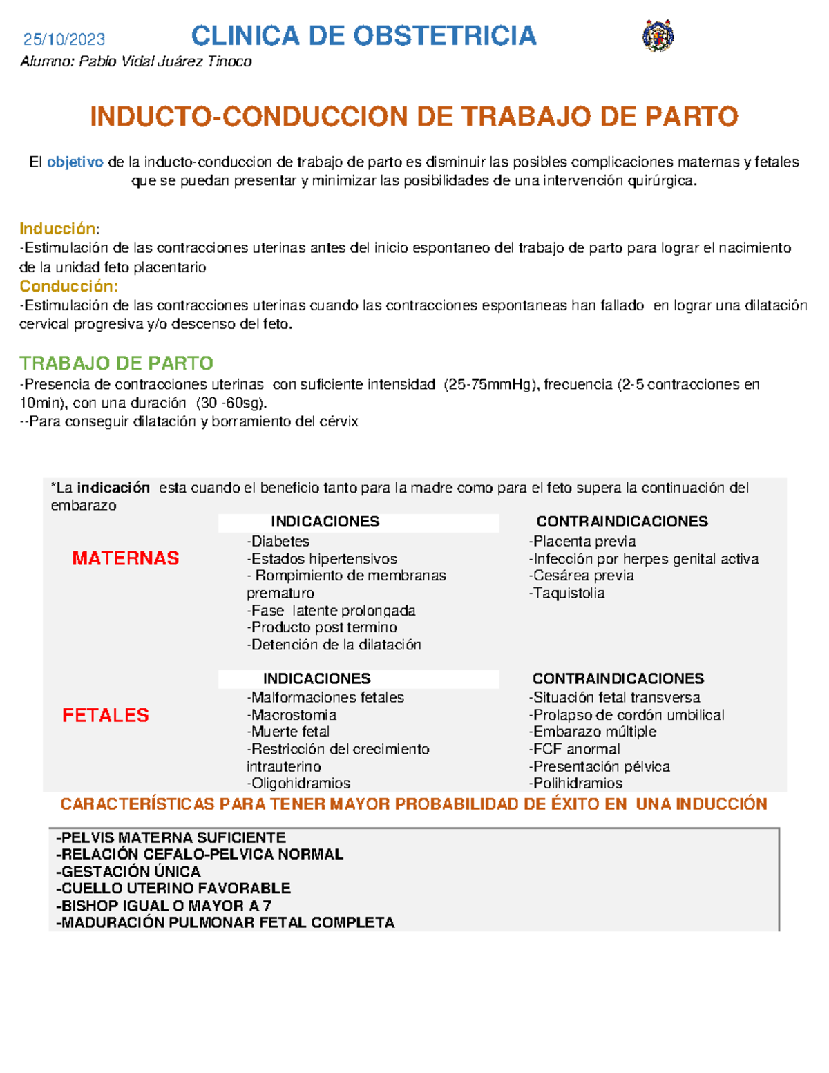 Inducto Conduccion del trabajo de parto - 25/10/2023 CLINICA DE ...