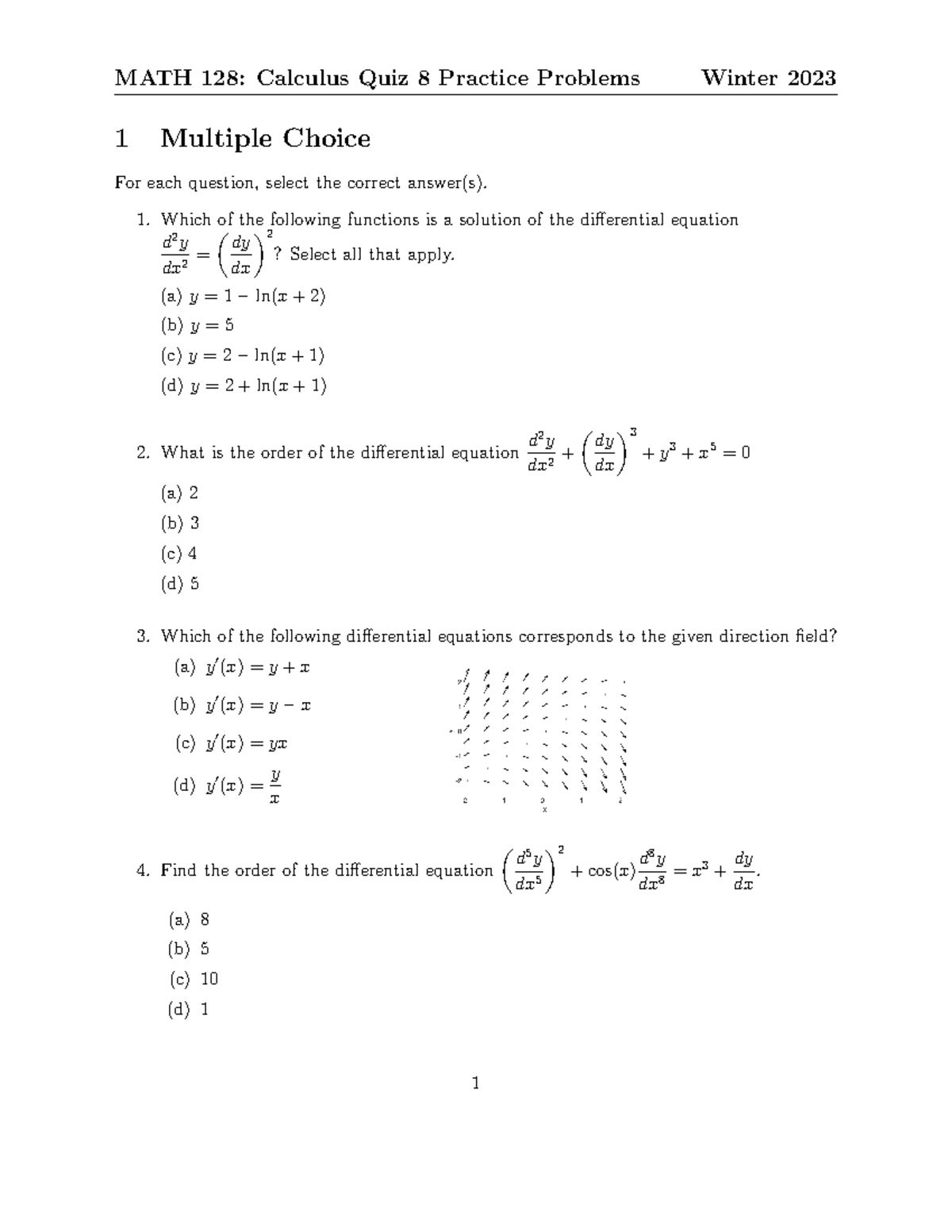 Quiz 8 Practice Problems - 1 Multiple Choice For each question, select ...
