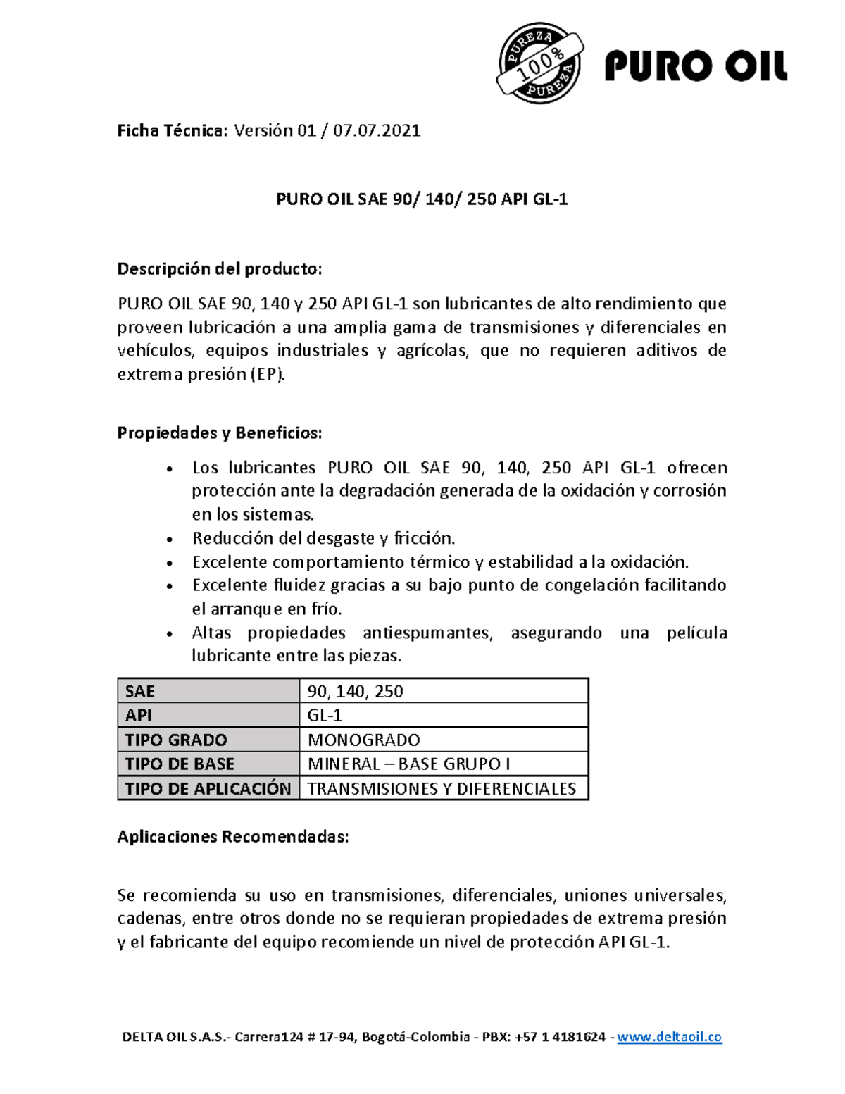 FT Puro Oil GL 1 - FICHA TECNICA - DELTA OIL S.A.- Carrera124 # 17- 94 ...