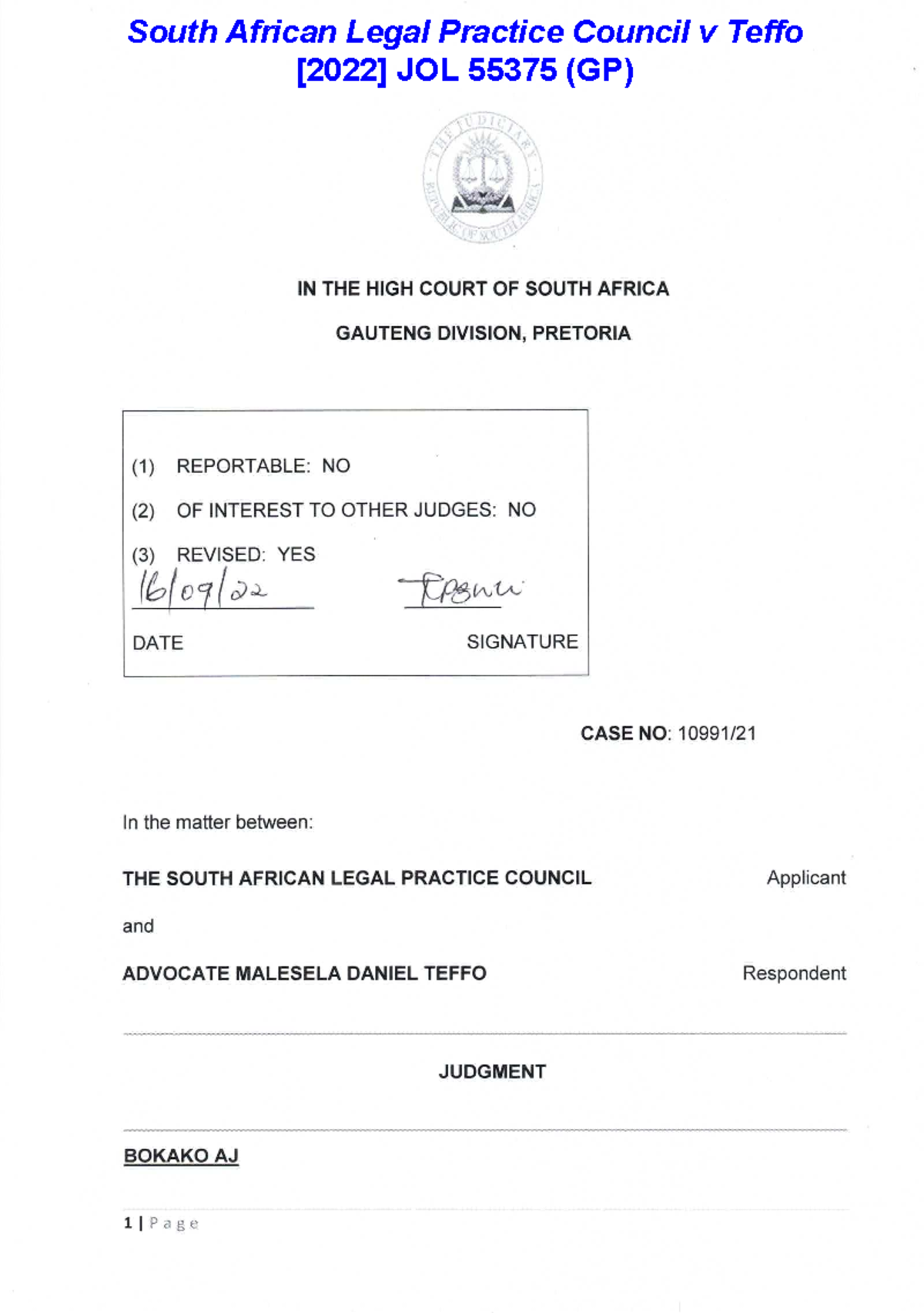 South African Legal Practice Council v Teffo [2022] JOL 55375 (GP ...