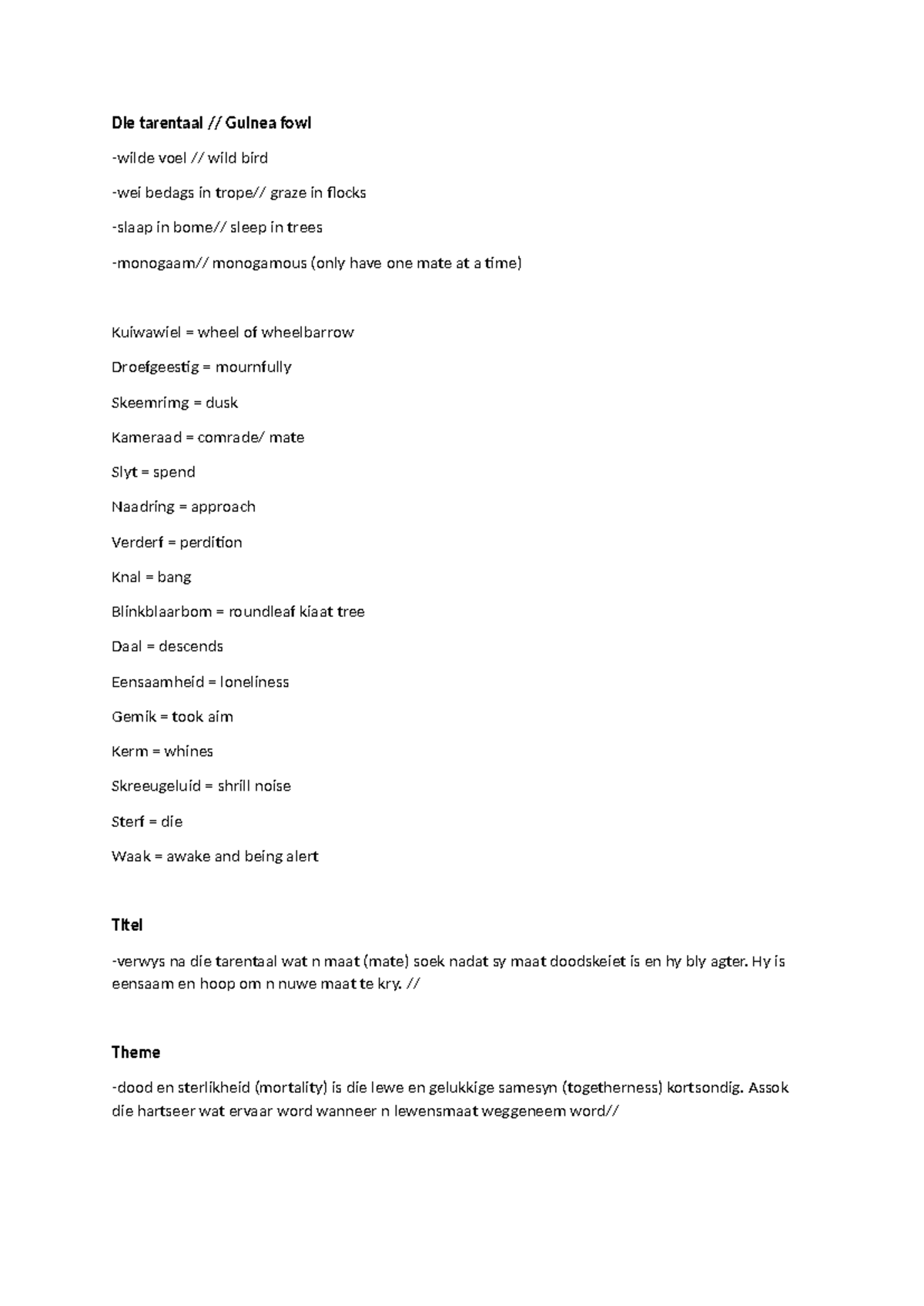 Afrikaans Grade 11 CAPS gedigte - Die tarentaal // Guinea fowl -wilde ...