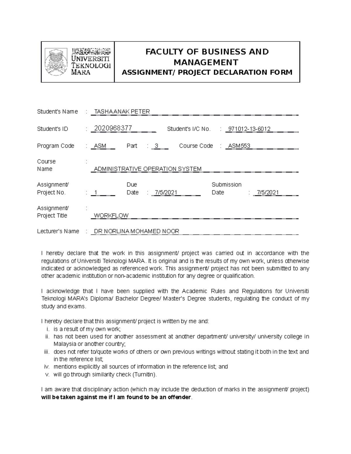 ASM 533 Assignment 1 Workflow for company - administrative operation system - UiTM - Studocu