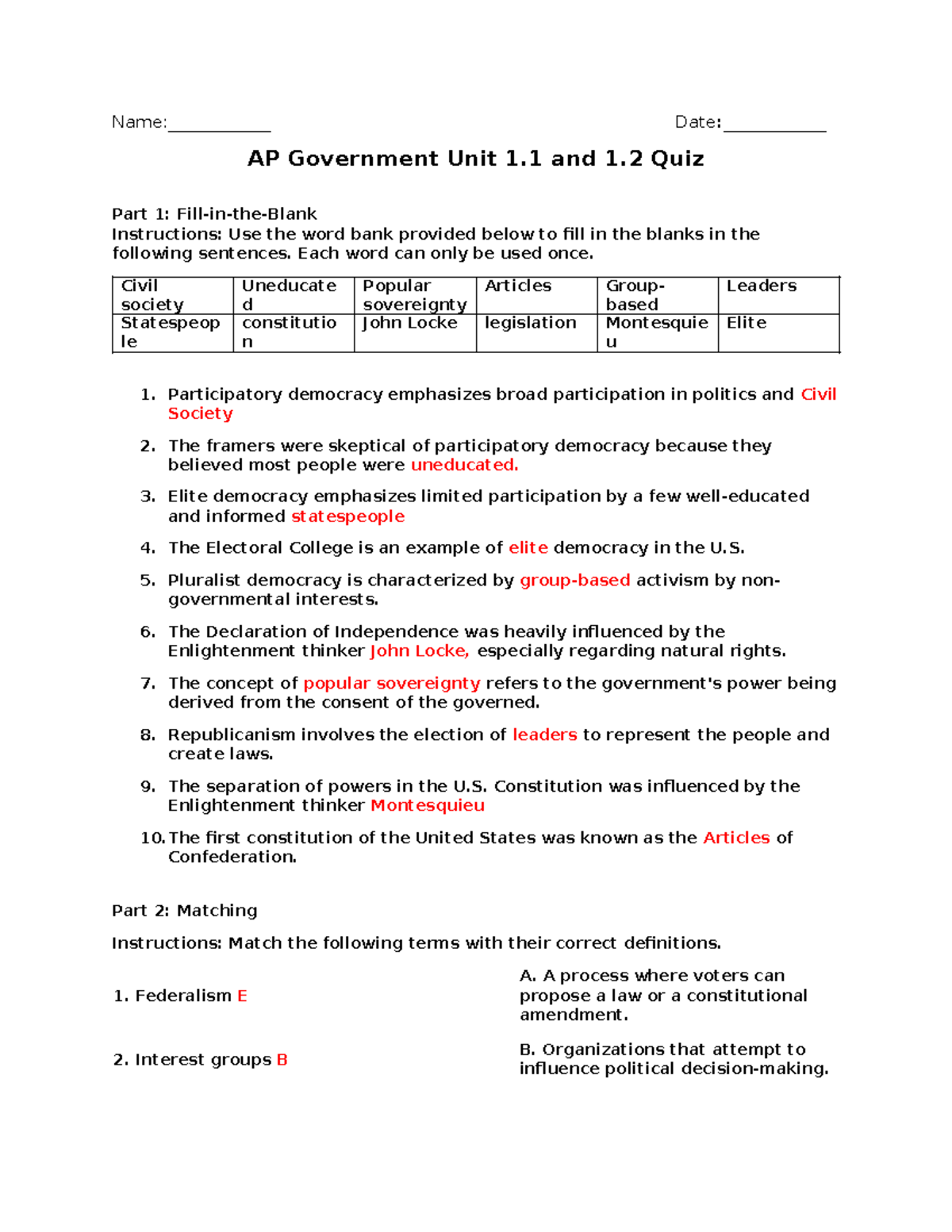 AP GOV Unit 1.1 1.2 Quiz - Ap Gov Quiz - Name:____________ Date ...
