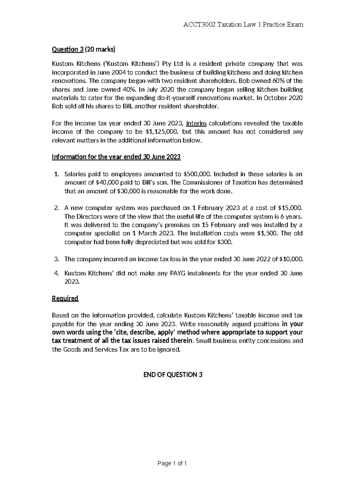 Practice EXAM Q3 - ACCT3002 Taxation Law 1 Practice Exam Question 3 (20 ...