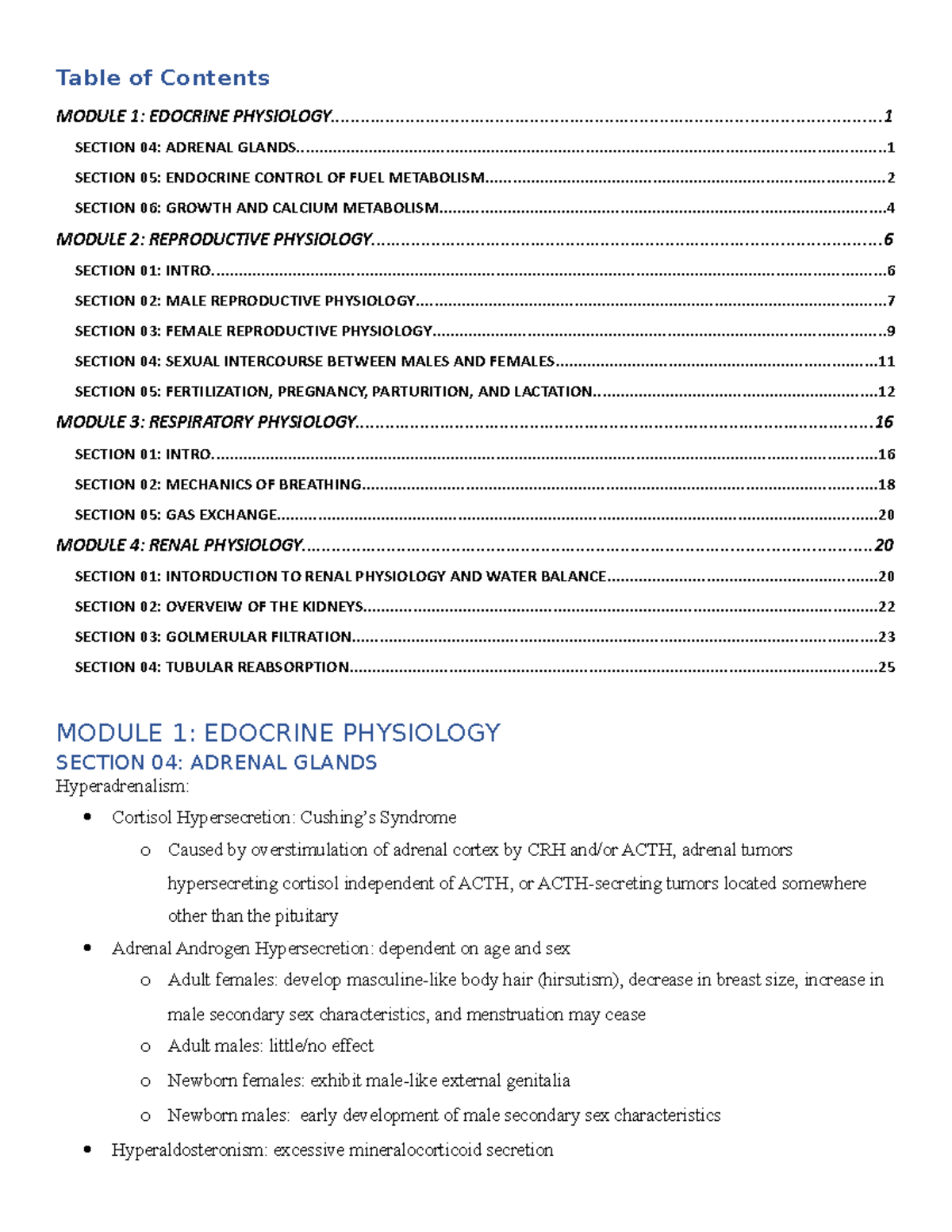 PHGY216 Course Notes - Table of Contents MODULE 1: EDOCRINE - Studocu