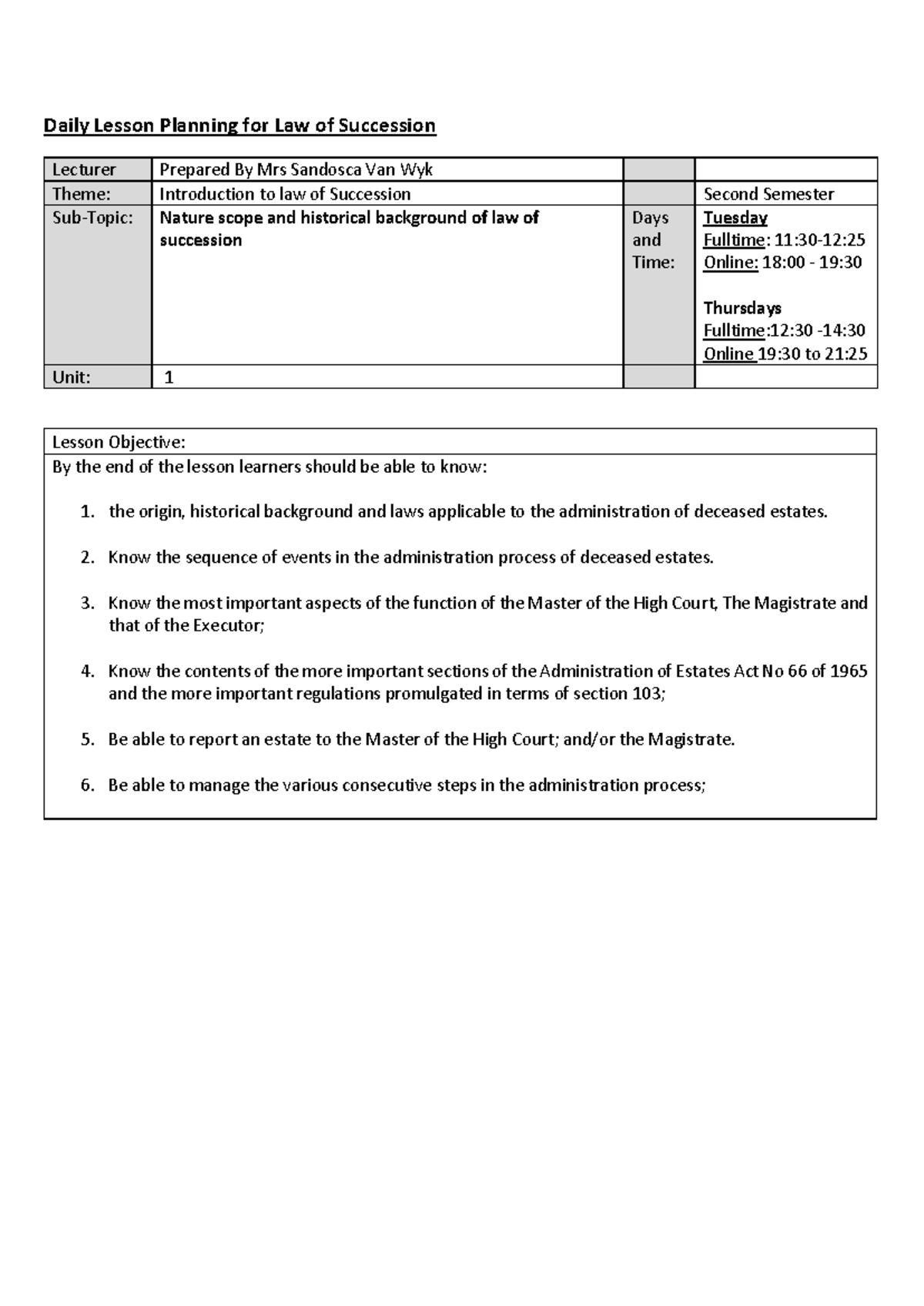 Unit 1 class lectures - Notes summary - Daily Lesson Planning for Law ...