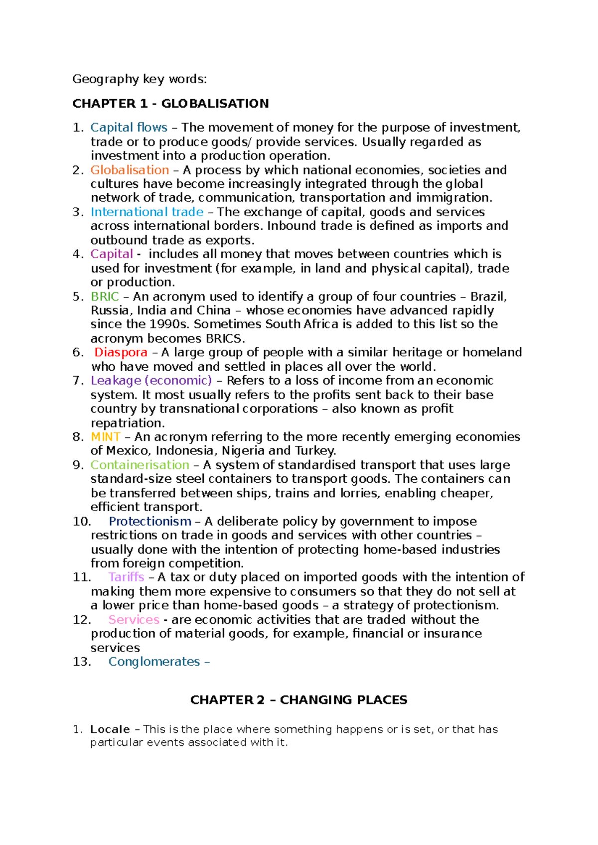 Geography key words - revision - Geography key words: CHAPTER 1 ...