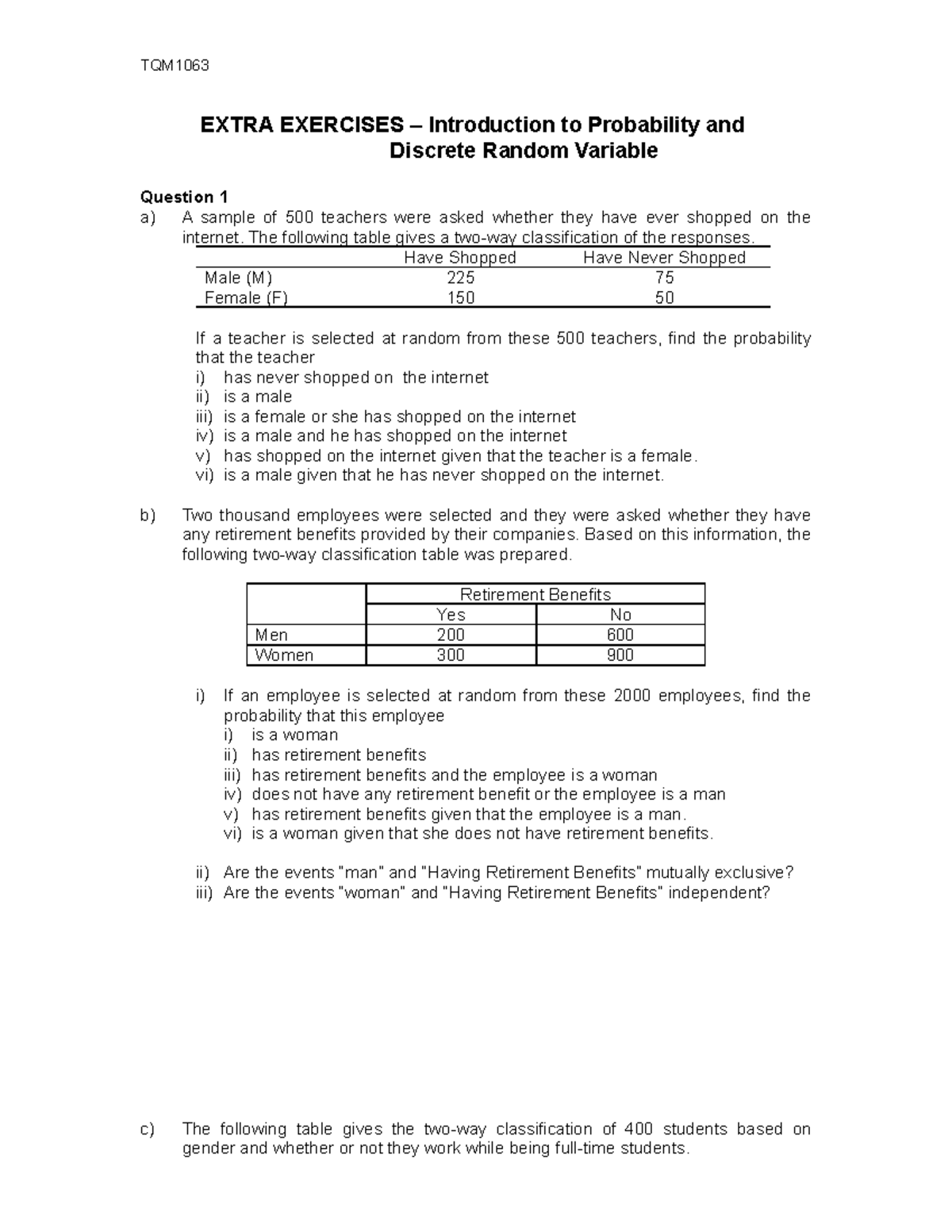Tutorial Introduction to Probability and discrete random variable - EXTRA EXERCISES ...