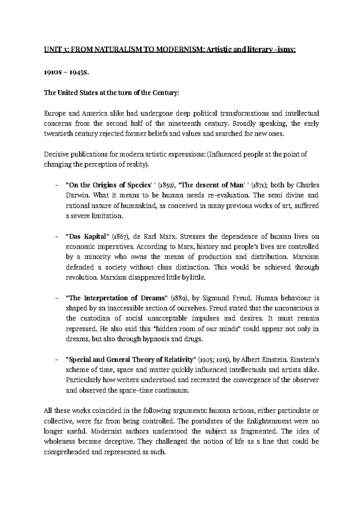 UNIT 3 FROM Naturalism TO Modernism Artistic and literary -isms - UNIT ...