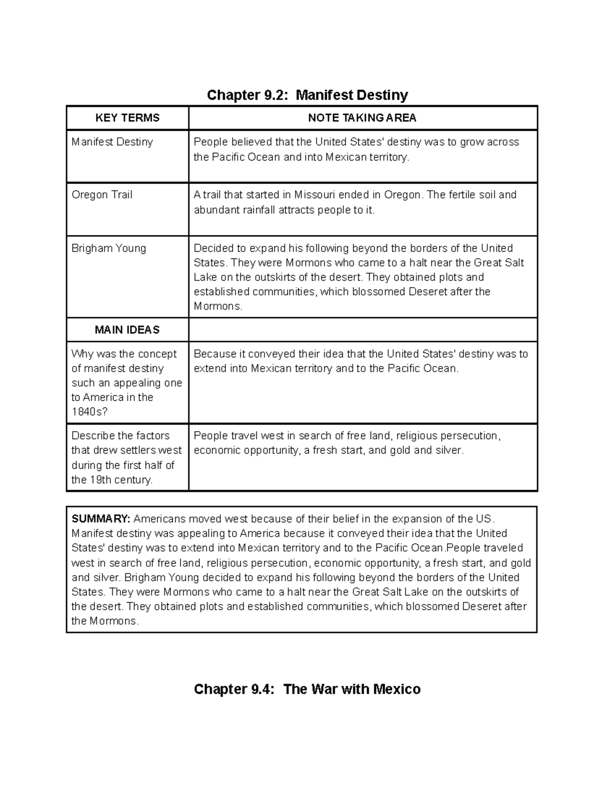 Ch. 9 10 Cornell Notes - Chapter 9: Manifest Destiny KEY TERMS NOTE ...