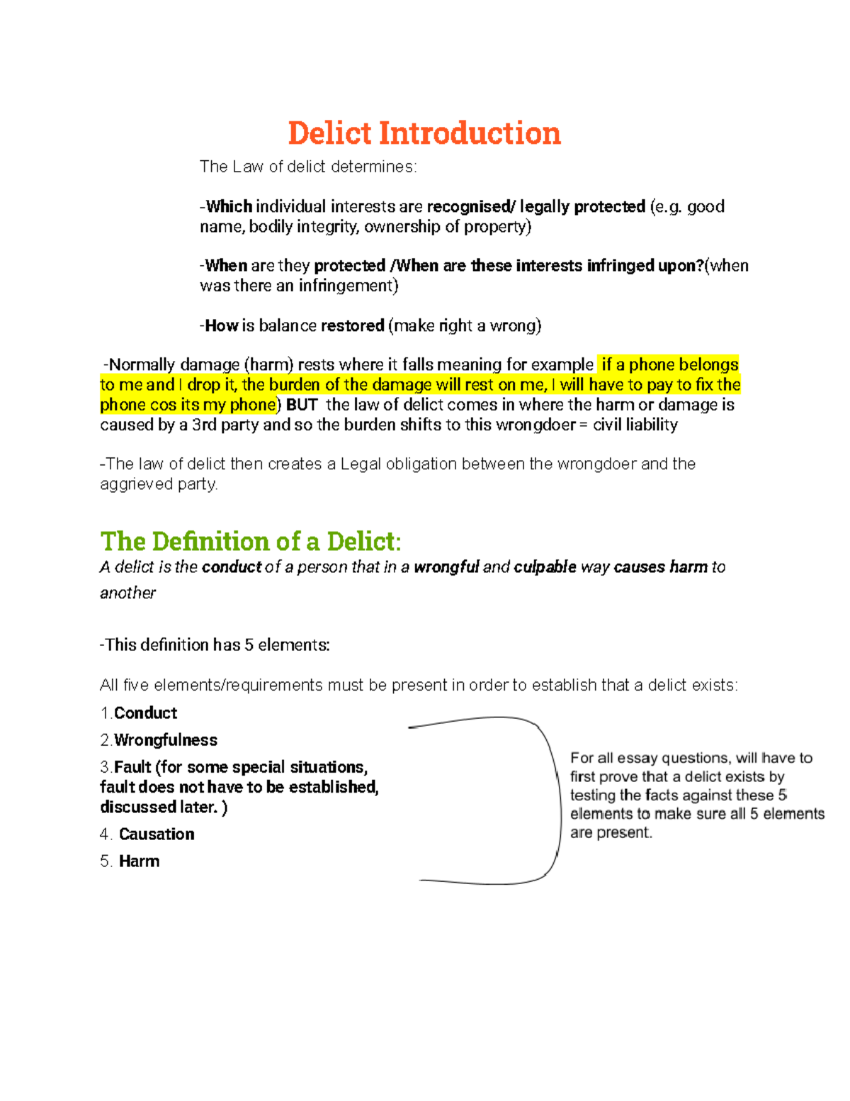 An Introduction to the Law of Delict and the element of conduct ...