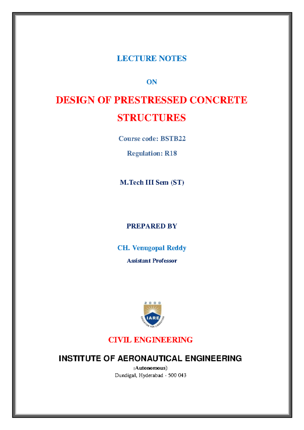 IARE DPSC Notes - Prestress DEsign - LECTURE NOTES ON DESIGN OF ...