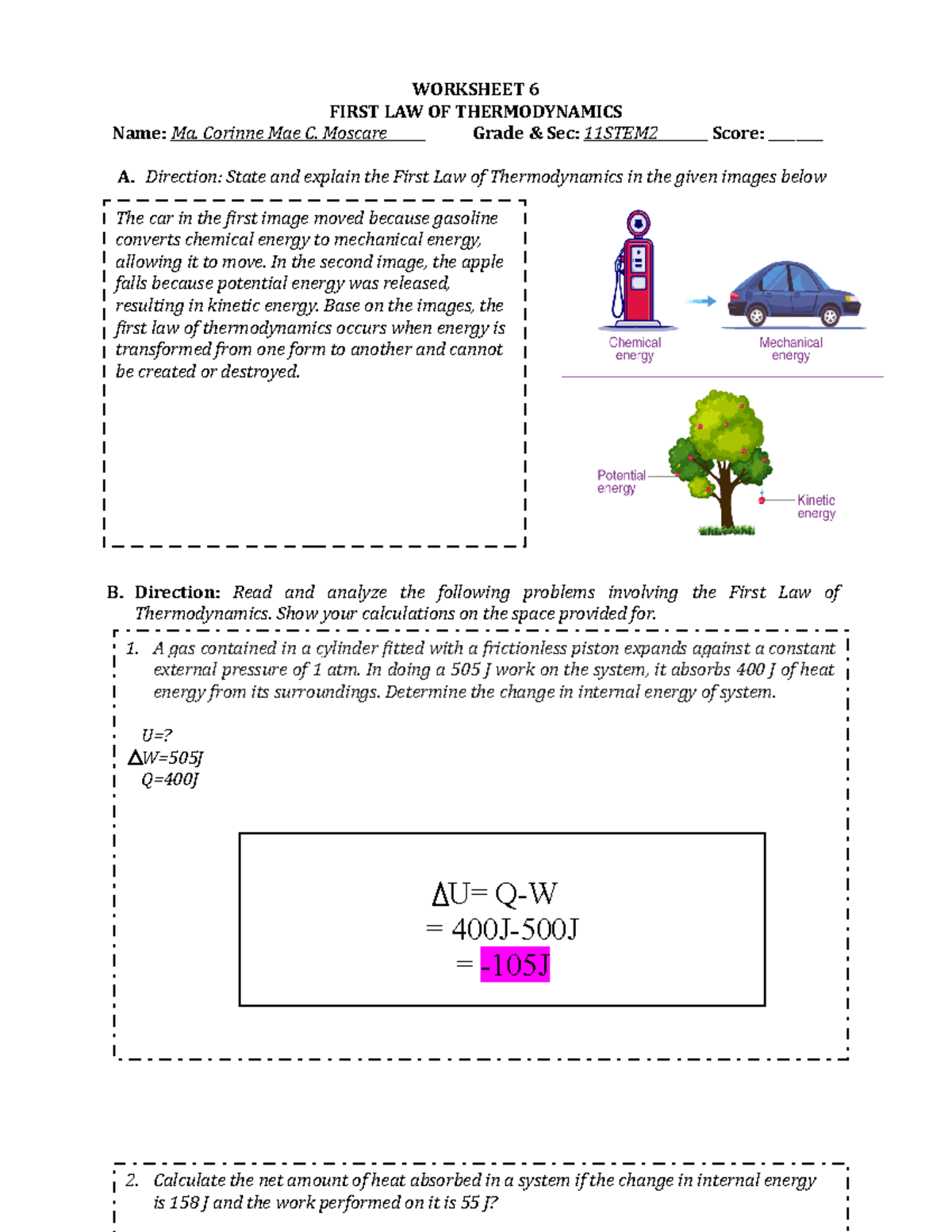 Worksheet-6 - Korin Mae - WORKSHEET 6 FIRST LAW OF THERMODYNAMICS Name ...