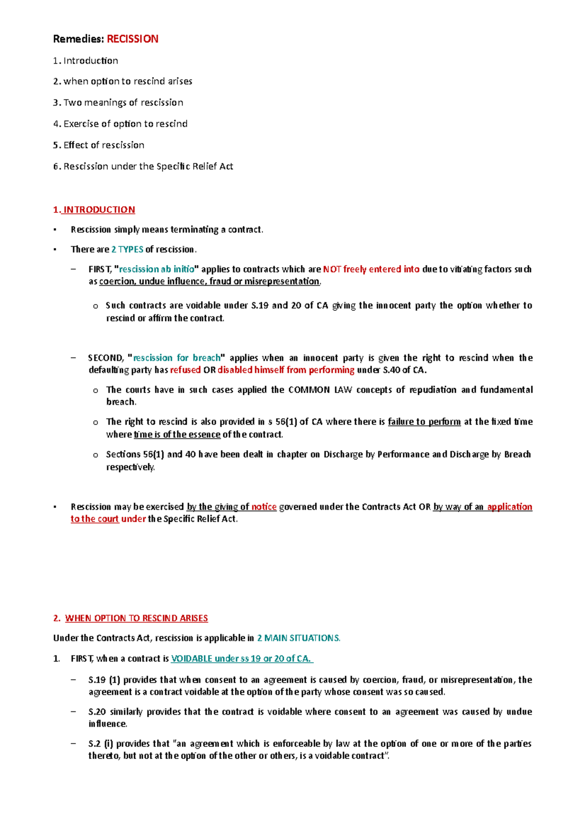 Rescission - notes - Remedies: RECISSION 1. Introduction 2. when option ...