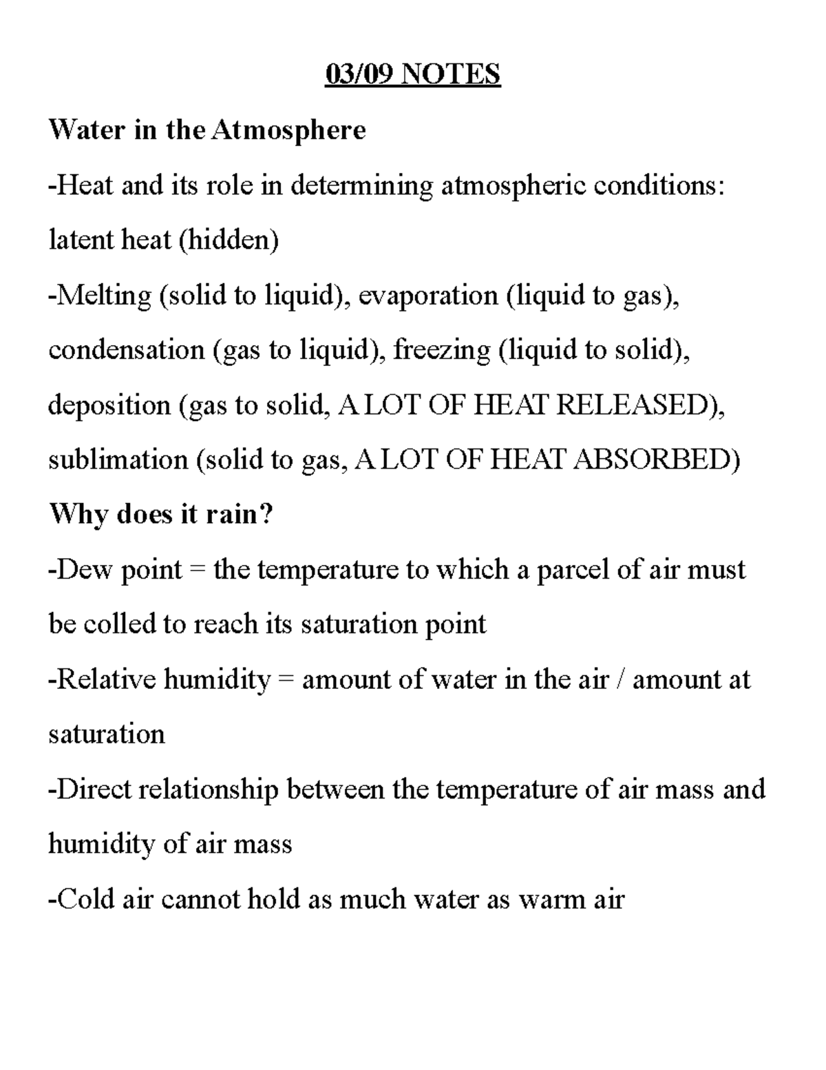 GEOL Notes After First Midterm - 03/09 NOTES Water in the Atmosphere ...