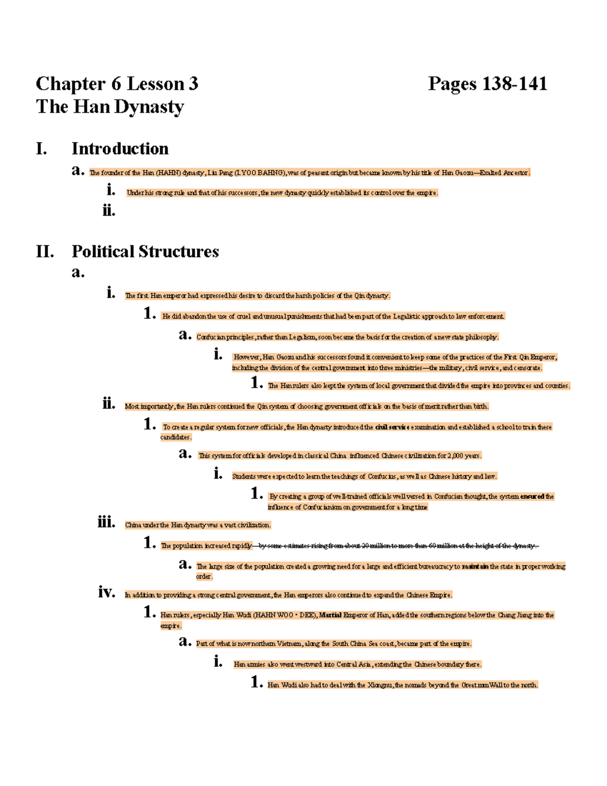 Chapter 6 Lesson 3 (Pages 138-141) - The Han Dynasty - Outline Notes ...