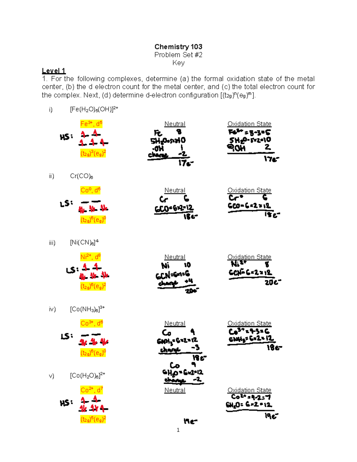 Problem set answers - Chemistry 103 Problem Set # Key Level 1 For the following complexes ...