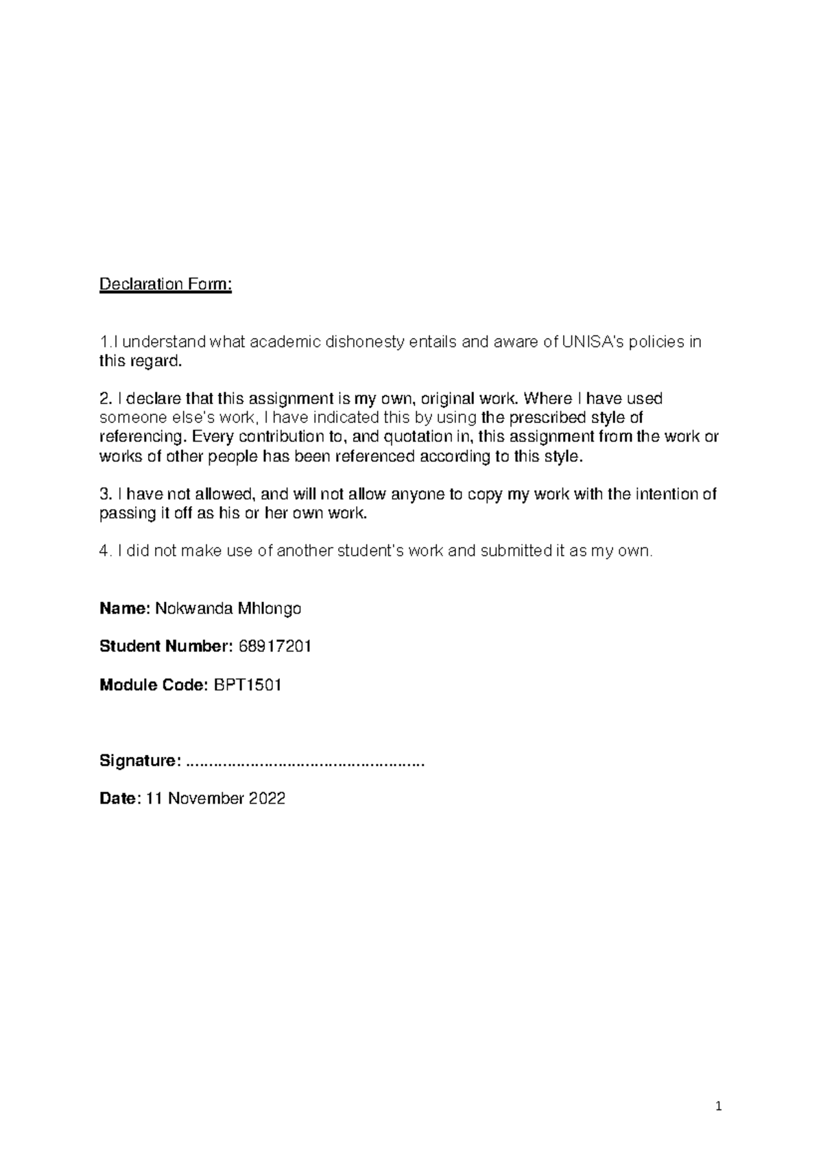 BPT1501 Portfolio - Declaration Form: 1 understand what academic ...