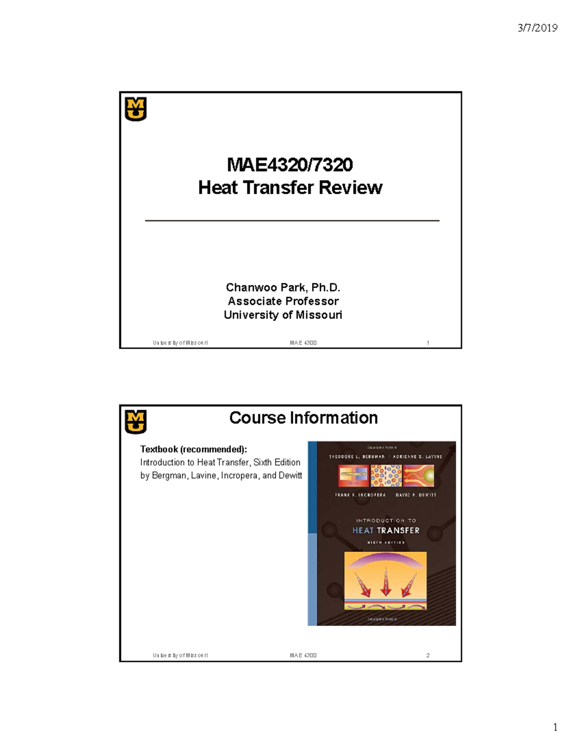 Lecture 4 (Heat Transfer) - 3/7/2019 MAE4320/7320 Heat Transfer Review ...