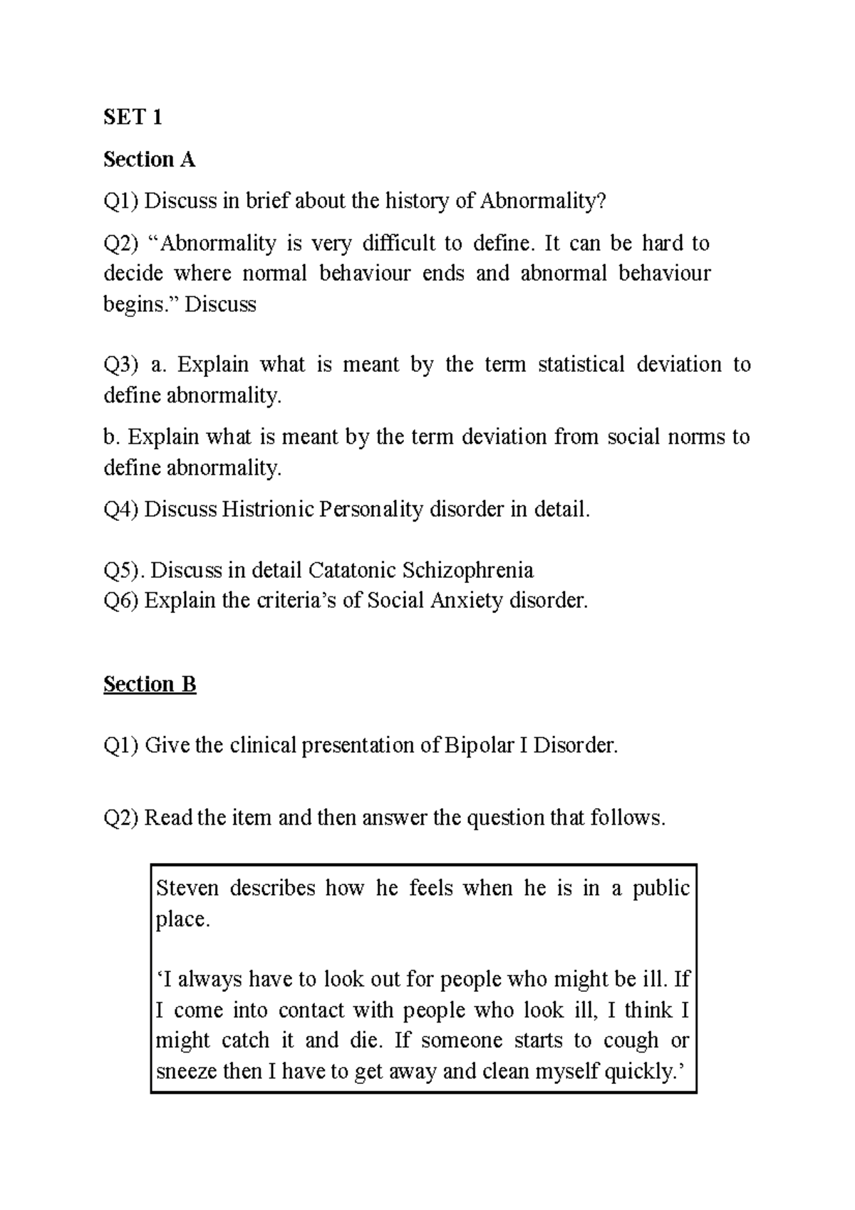 Psychopathology Exam Questions Set 1,2,3 - SET 1 Section A Q1) Discuss ...